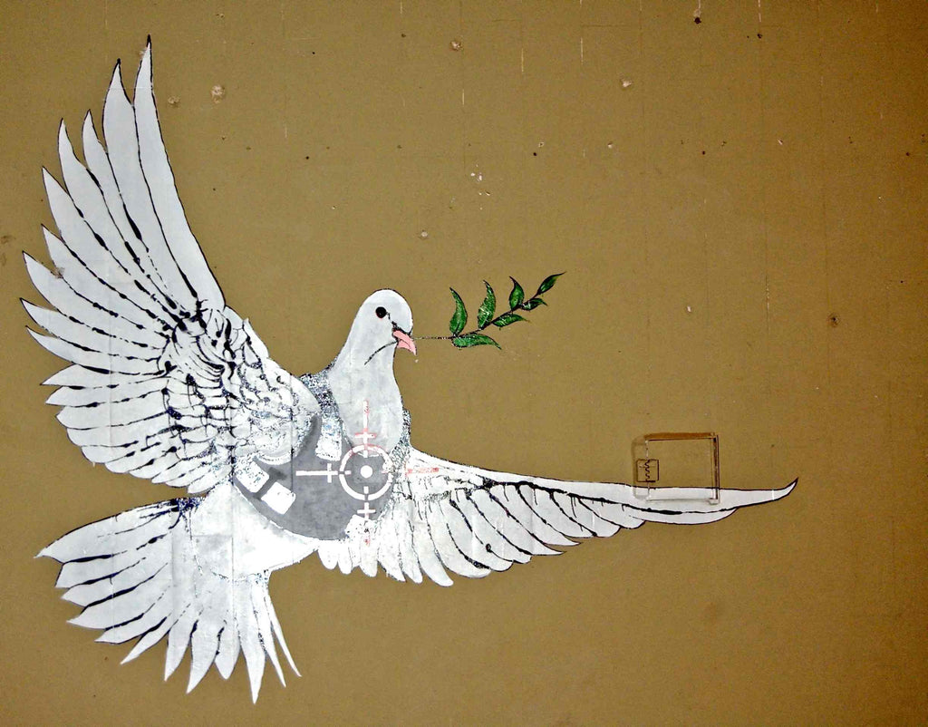 Banksy Peace Dove in Armoured Vest – Blue Dog Posters